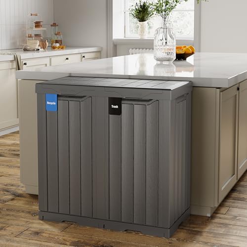EAST OAK 62 Gallon Outdoor Trash Can, Waterproof Resin Garbage Can with Garbage Sorting Boards, Lid and Tray, Outdoor Waste Bin for Patio, Kitchen, Backyard, Deck, Gray