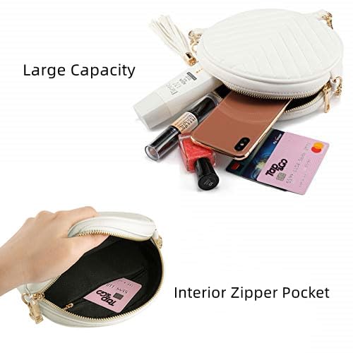 CHIC DIARY Small Crossbody Bags for Women Round Quilted Purse with Tassel Faxu Leather Shoulder bag (White)