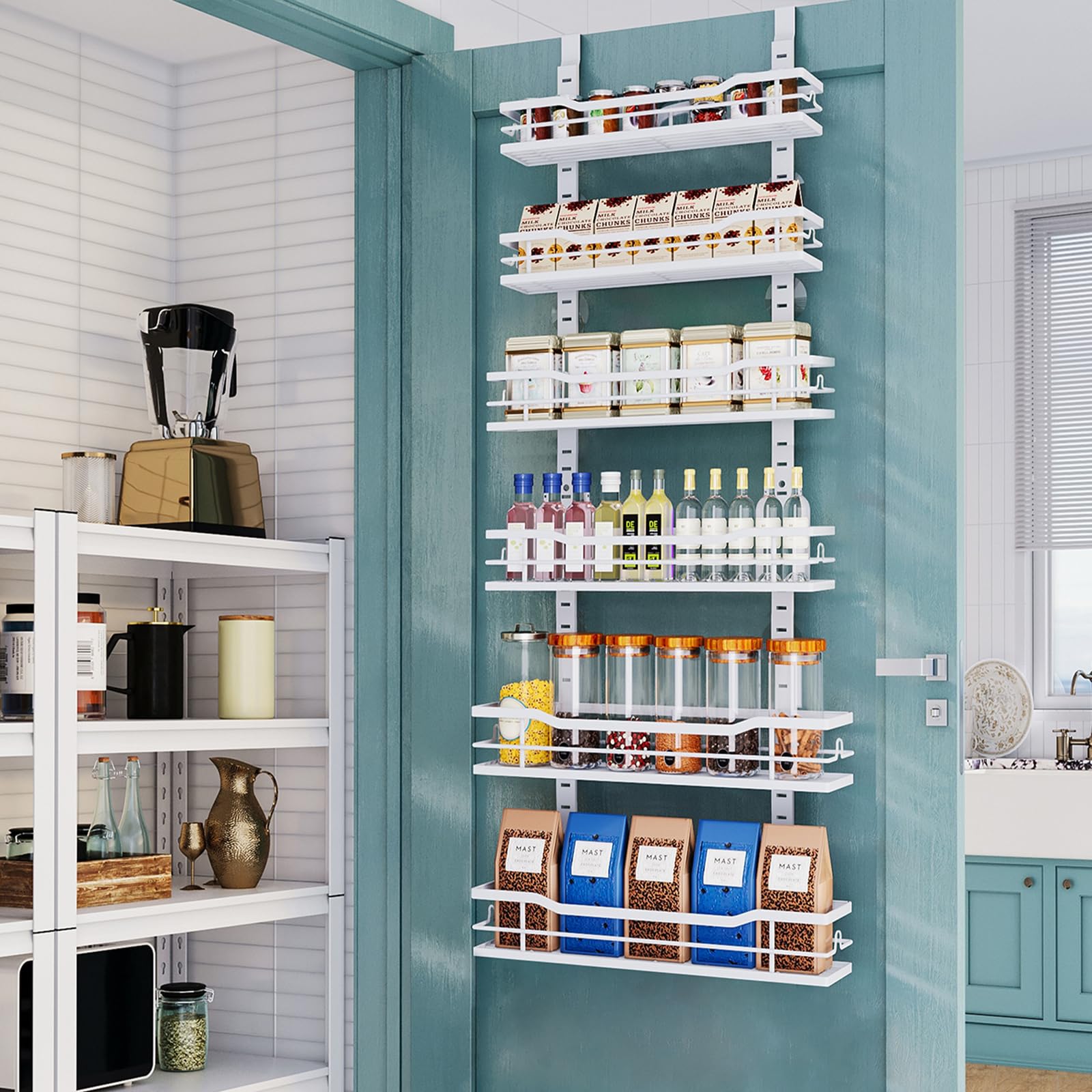 Eastherry Over The Door Pantry Organizer,6-Tier Over The Door Organizer with Adjustable Basket,Metal Hanging Pantry Organizers and Storage for Kitchen, Back of Door Seasoning Rack (White)