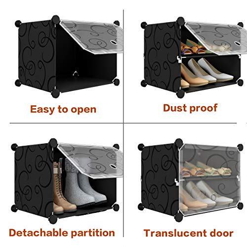KOUSI Portable Shoe Rack Organizer 72 Pair Tower Shelf Storage Cabinet Stand Expandable for Heels, Boots, Slippers, 12-Tiers Black & Transparent Door