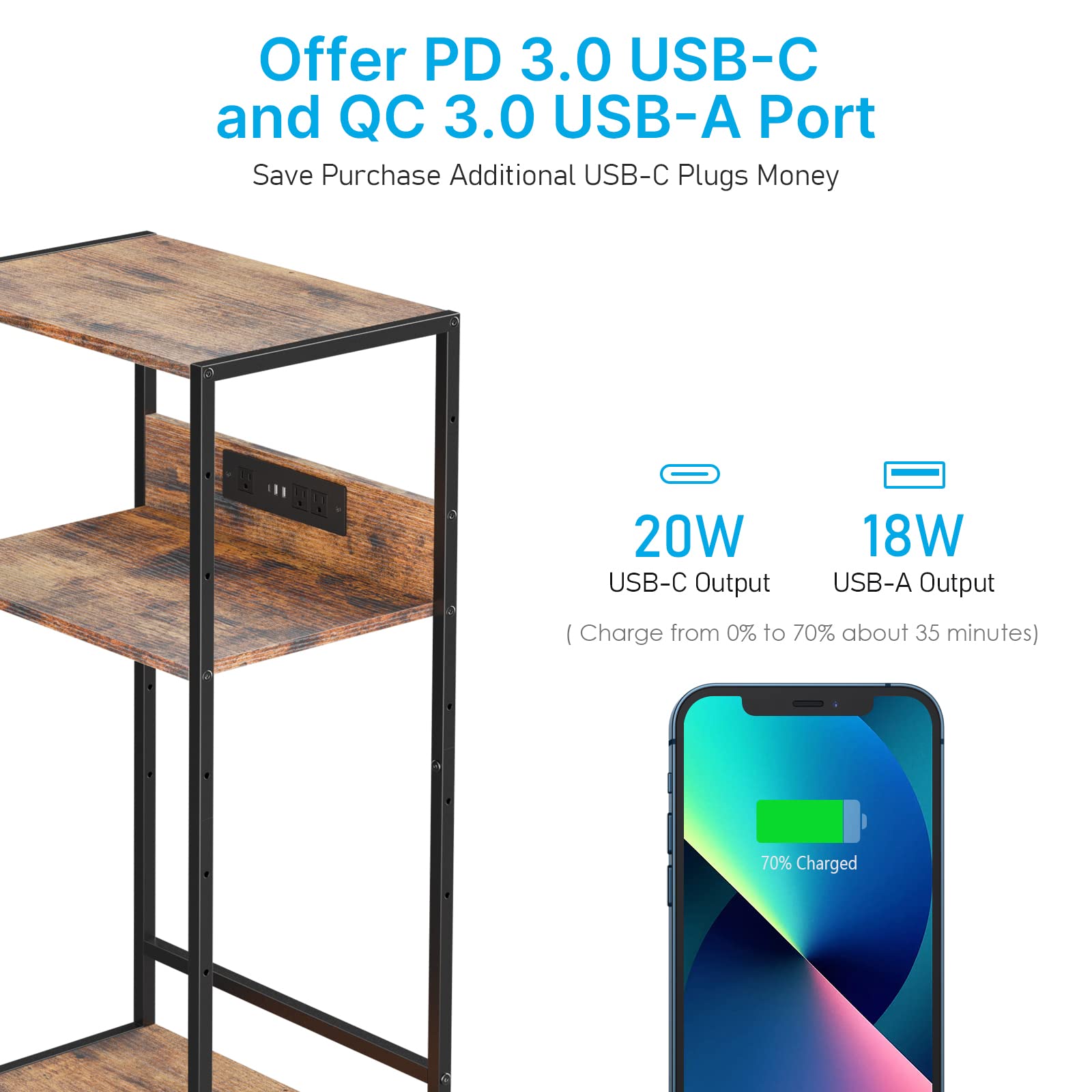 CCCEI Black Computer Tower and Printer Stand with Charging Station, 3 Outlets and Fast Charging USB Ports, 3 Tier Movable Storage Shelf, Tall PC Case or Scanner Table 39 Inches High for Small Office.