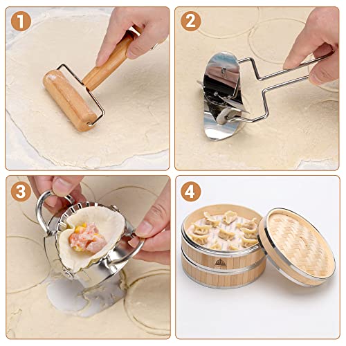CrownSpire - bamboo steamer 10 inch - bamboo steamer basket - for vegetables + sea food + dumpling cutter + Stainless Steel chopsticks - adapter ring - reusable silicone liners - rolling pin
