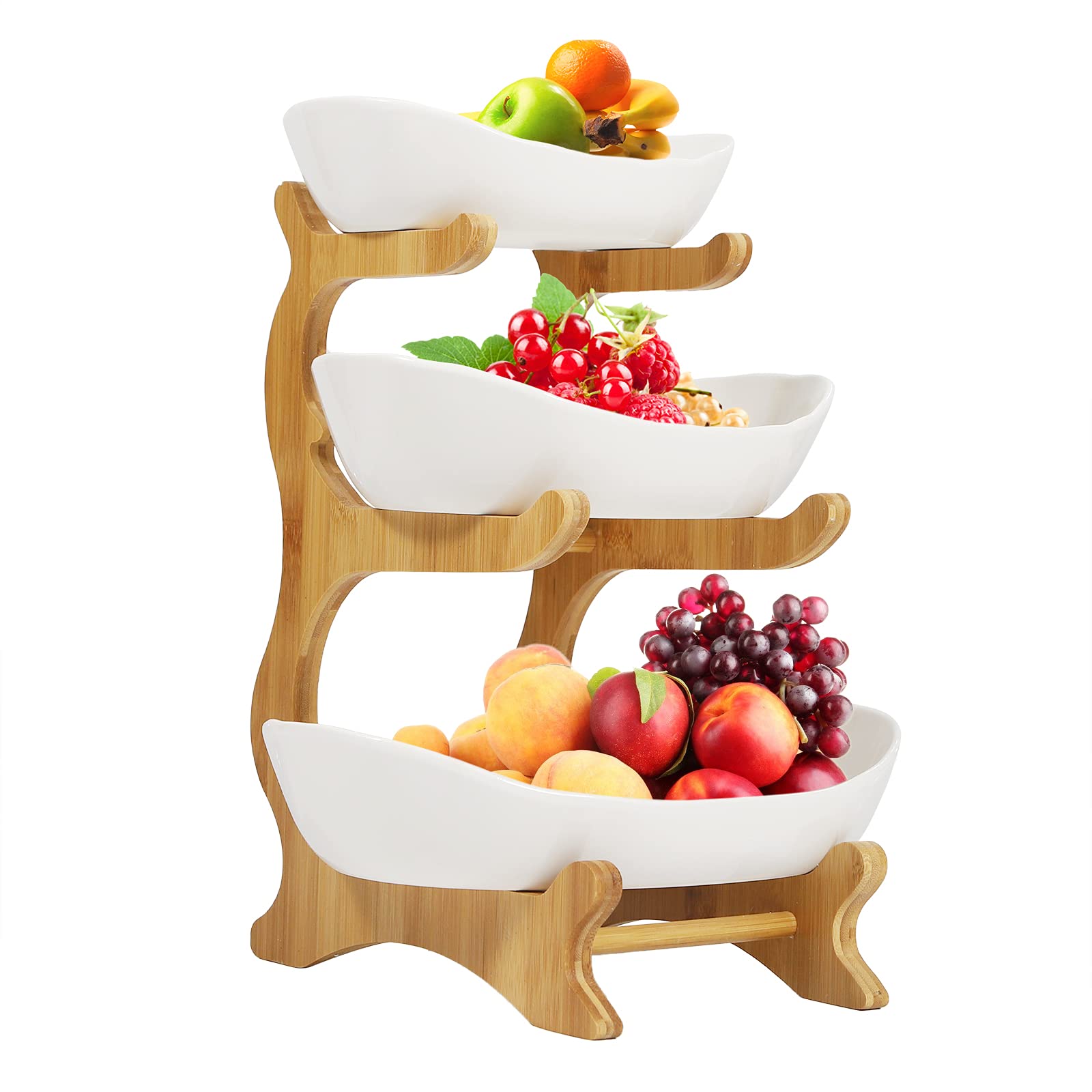 CNCEST 3 Layer Ceramic Fruit Plate Bamboo Wooden Frame Household Sushi Basket Bowl Holder Multi-Layer Tray Storage Rack Vegetables Stand Kitchen Organizer White