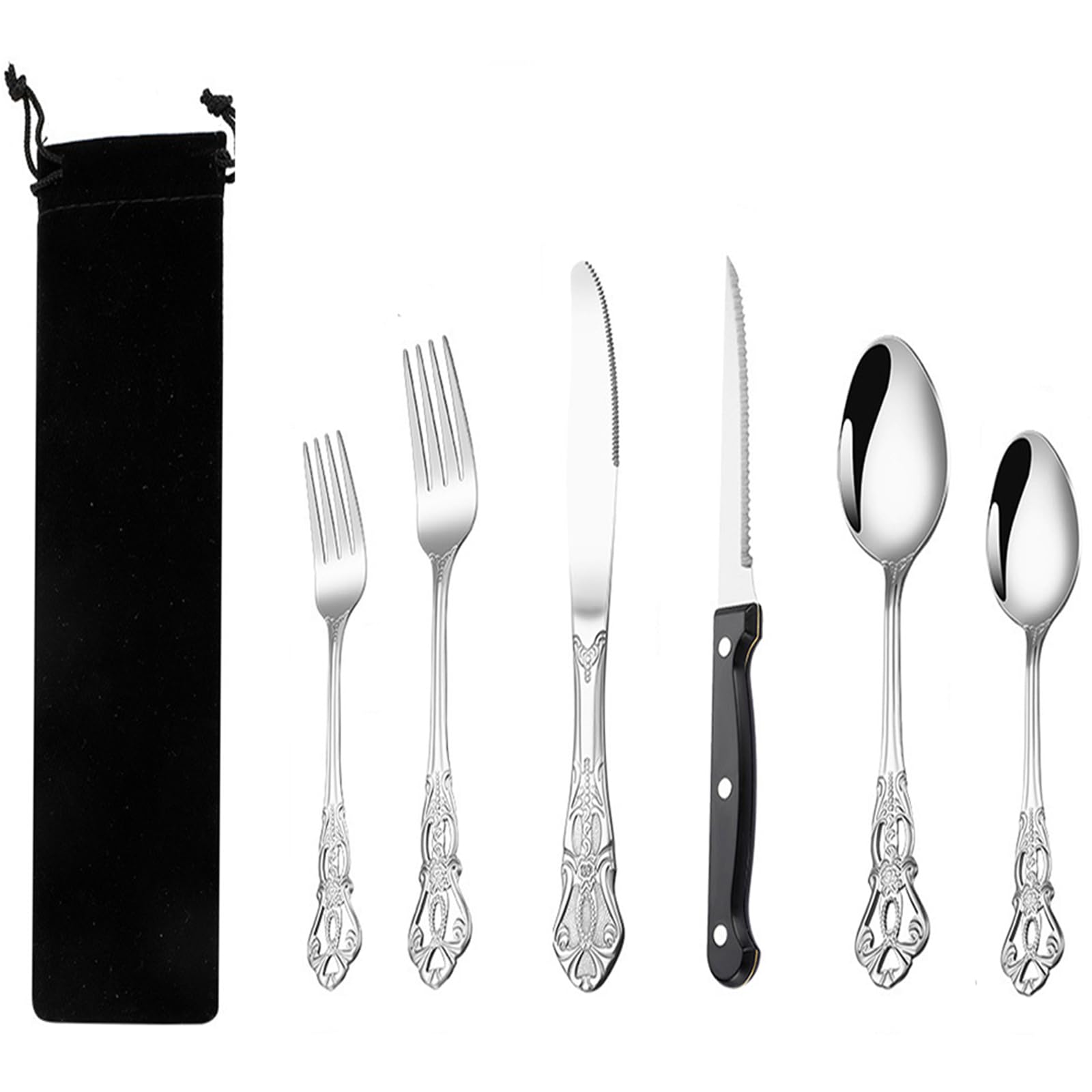 Gorgeous Retro Royal Silverware Set with Steak Knives & Case,Stainless Steel Cutlery Flatware Set,Vintage Carved Travel Utensils Include Forks Spoons Knives, Reusable Portable Camping Dishwasher Safe