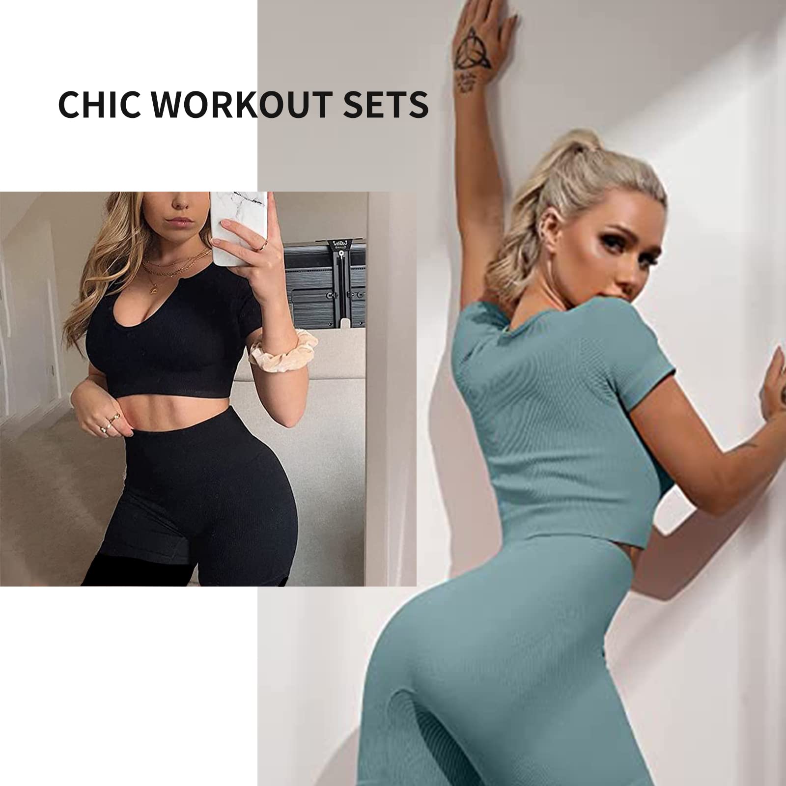CHICLOUD Yoga Outfits for Women 2 Piece Ribbed Workout Tops Running Leggings Gym Sets Activewear