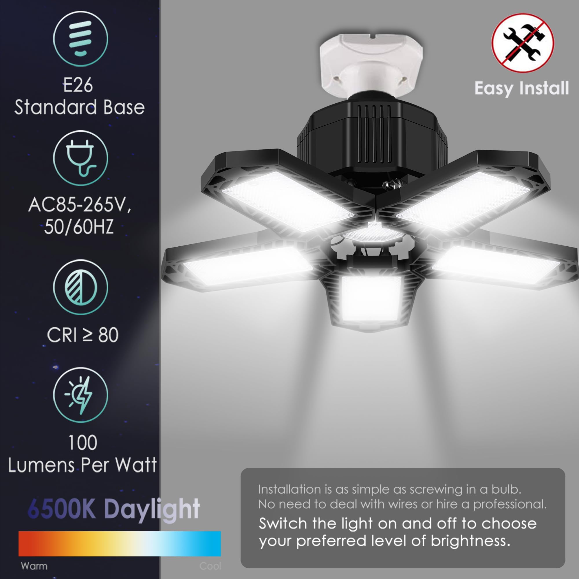 BRAINIAC LED Garage Light Bulbs, 100W 10000LM Garage Lighting with 5 Adjustable Panels, E26/E27 Garage led Lights Screw in Deformable Garage Led Ceiling Light Fixture for Warehouse, Corridor, Stadium