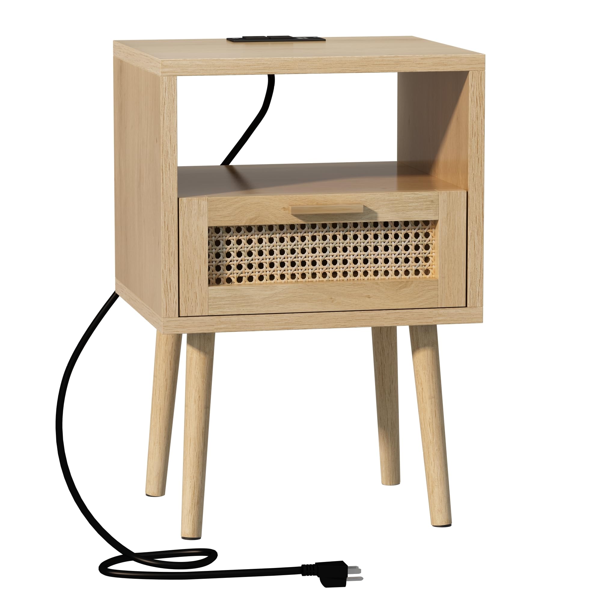 ChooChoo Rattan Nightstand with Charging Station, Boho Bedside Table with Drawer, Wood Accent End Side Table for Bedroom, Living Room and Small Spaces, Natural