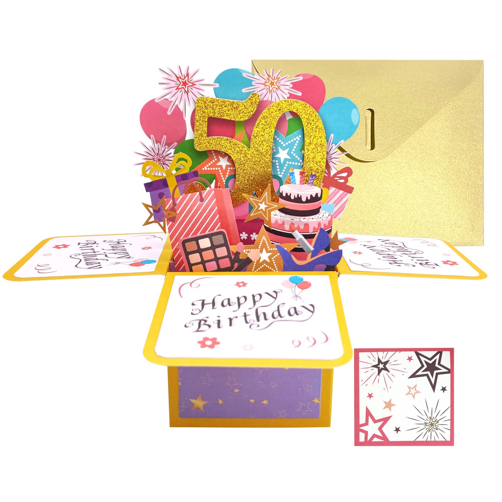 Happy 50th Birthday Cards 50th Birthday Greeting Card 50th Gift Card Birthday Pop Up Cards with Note Card and Envelope 50th Birthday Gifts for Women, Wife, Mother Gifts Box 3D Popup Birthday Cards