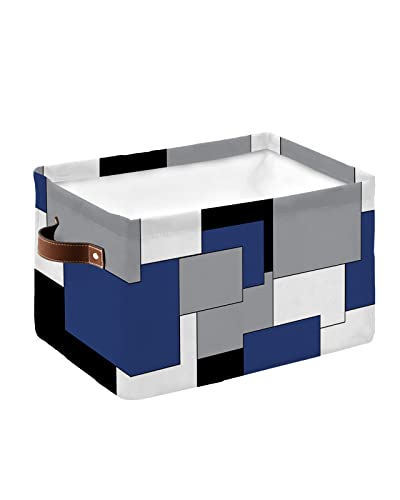 Irregular Geo Color Block Storage Baskets for Organizing, Navy Blue Black White Grey Abstract Modern Fabric Storage Bins for Shelf, Collapsible Cube Bin with Handles for Closet（15''x11''x9.5''）