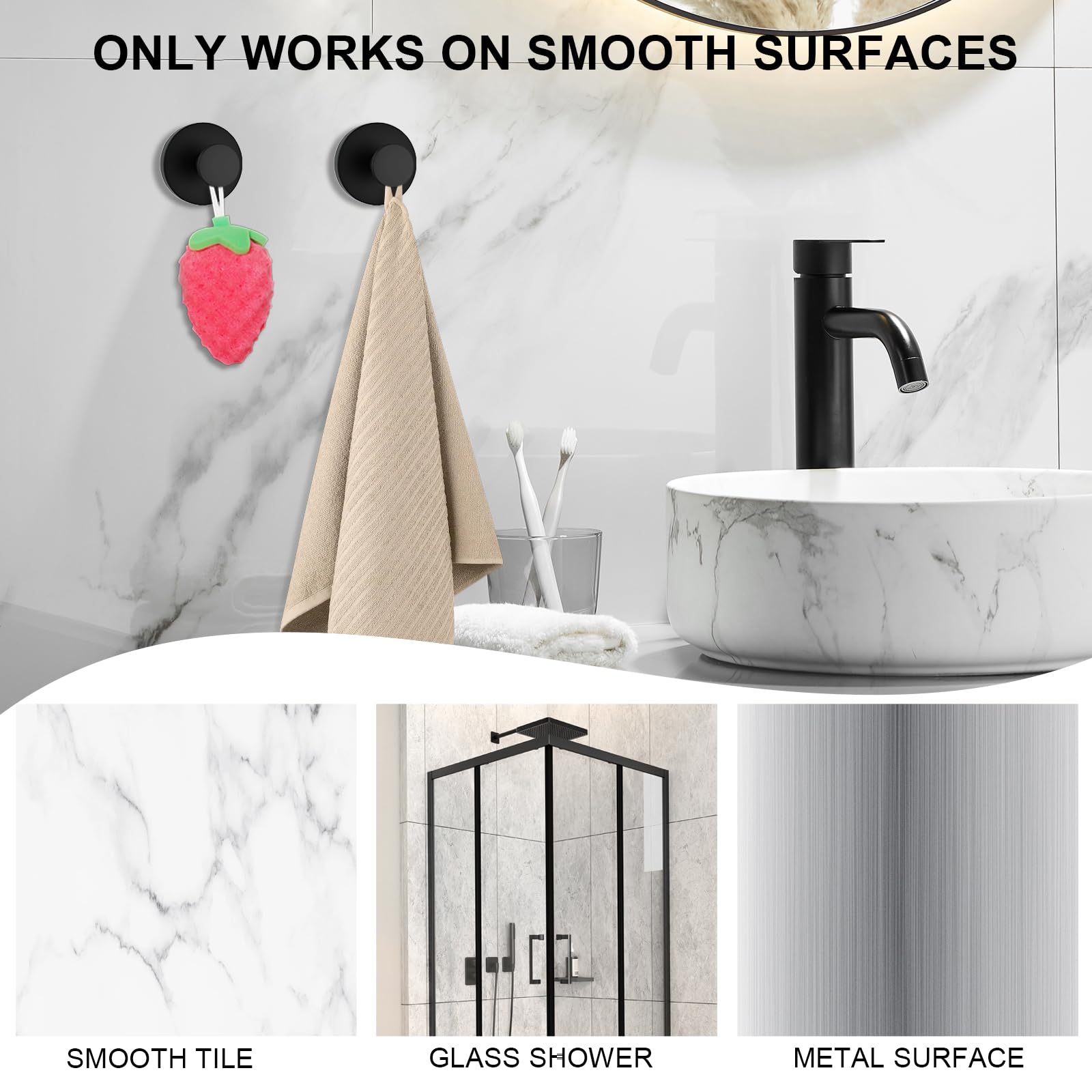DEMITUMON Suction Cup Hooks for Shower,Bath Towel Hook,Heavy-Duty 304 Stainless Steel Suction Hooks for Bathroom Kitchen,Door,Glass,Mirror,Tile- Easy to Install,Strong Adsorption,Black - 2 Pack