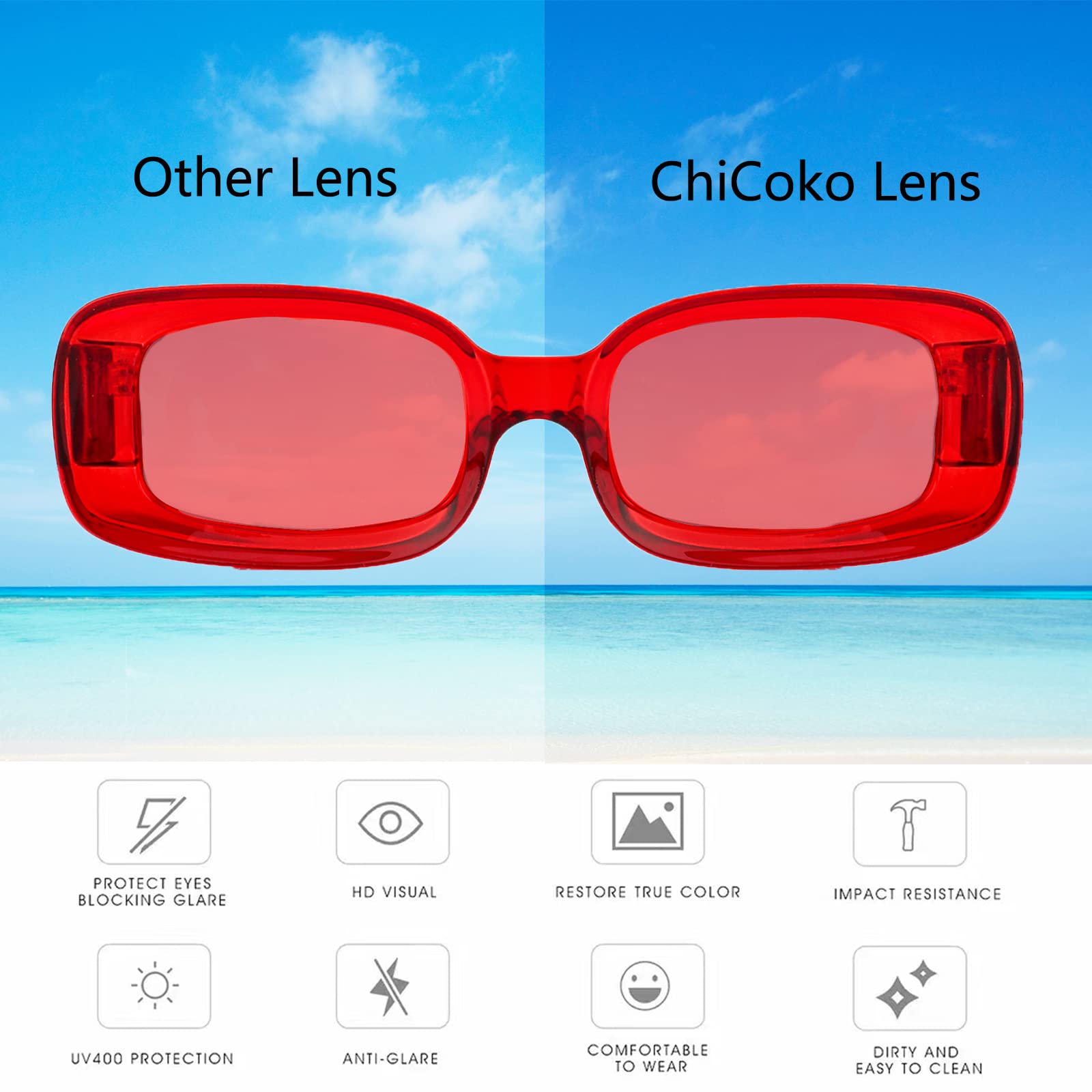 ChiCoko Rectangle Sunglasses for Women Men Retro 90s Sun Glasses Trendy Square Thick Shades Y2K UV400 Protection CK1327 Red Frame Red Lens