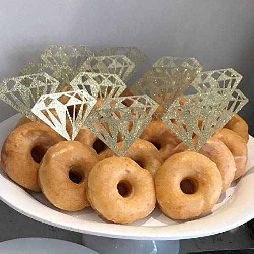 Diamond Cupcake Toppers, Bridal Shower Decorations, Diamond Donut Toppers in Gold Glitter Set of 12