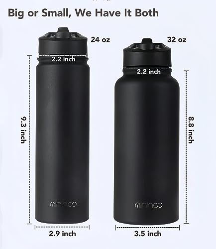 Mininoo 24 oz Insulated Water Bottle with Straw, Stainless Steel Double Wall Vacuum Thermos with Straw Lid & Chug Lid, Leak Proof, BPA Free, Keep Cold for 24H & Hot for 12H(Black)