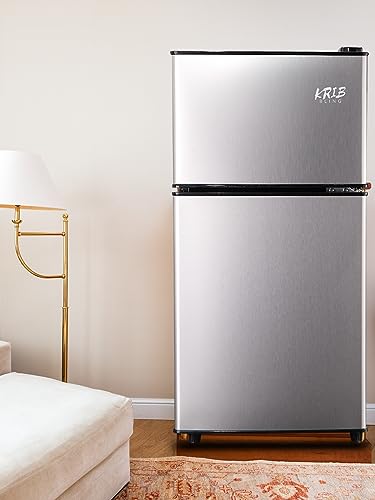 KRIB BLING 3.5 Cu.Ft Mini Fridge,Small Refrigerator 7 Level Adjustable Thermostat Removable Shelves with Stainless Steel 2 door for Office Dorm Apartment Silver