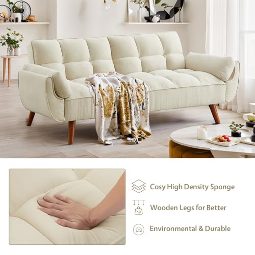 Fangflower Convertible Sofa Bed, Velvet Fabric Adjustable Backrest Sleeper Futon Loveseat with Tapered Wood Legs for Living Room, Bedroom, Apartment Lounge, Garage