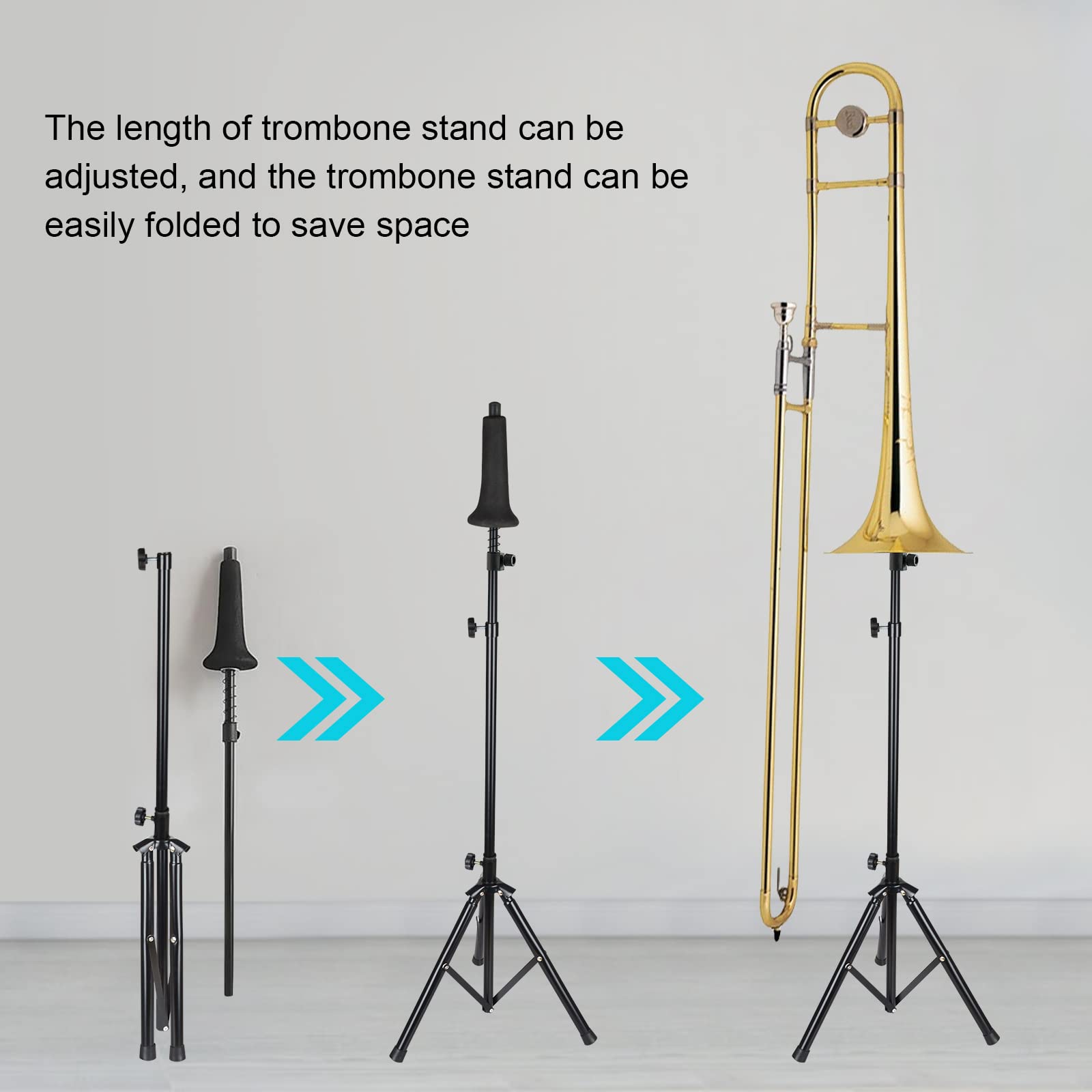 Trombone Stand Portable with Cushioned Bell Mount, Black Finish Height Adjustable 40.94-57.5inch