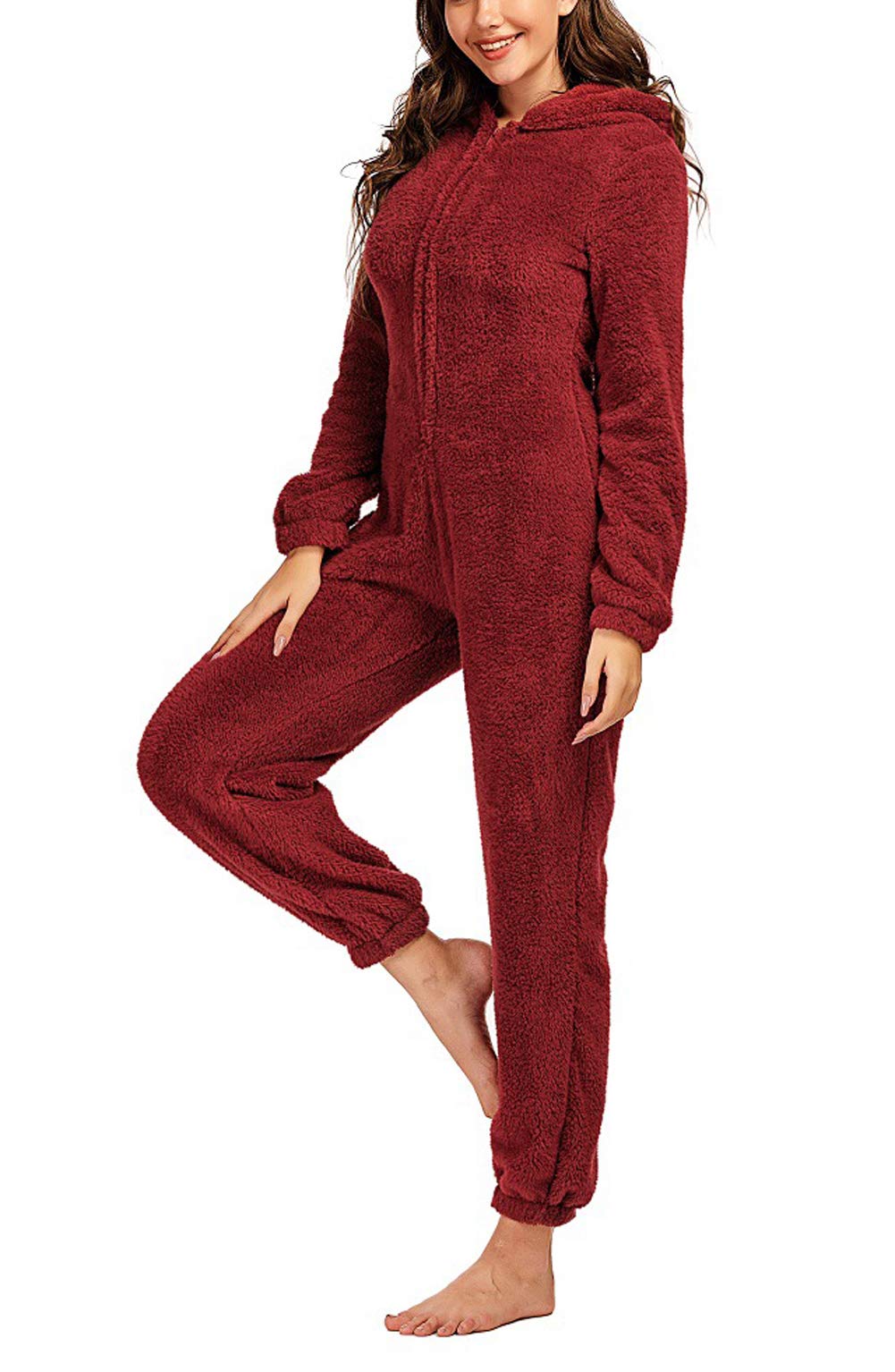chouyatou Women's Ultra Comfy Lounge Furry Sherpa Romper Onesie Pajamas Cute Ear Hood (Medium, Red)