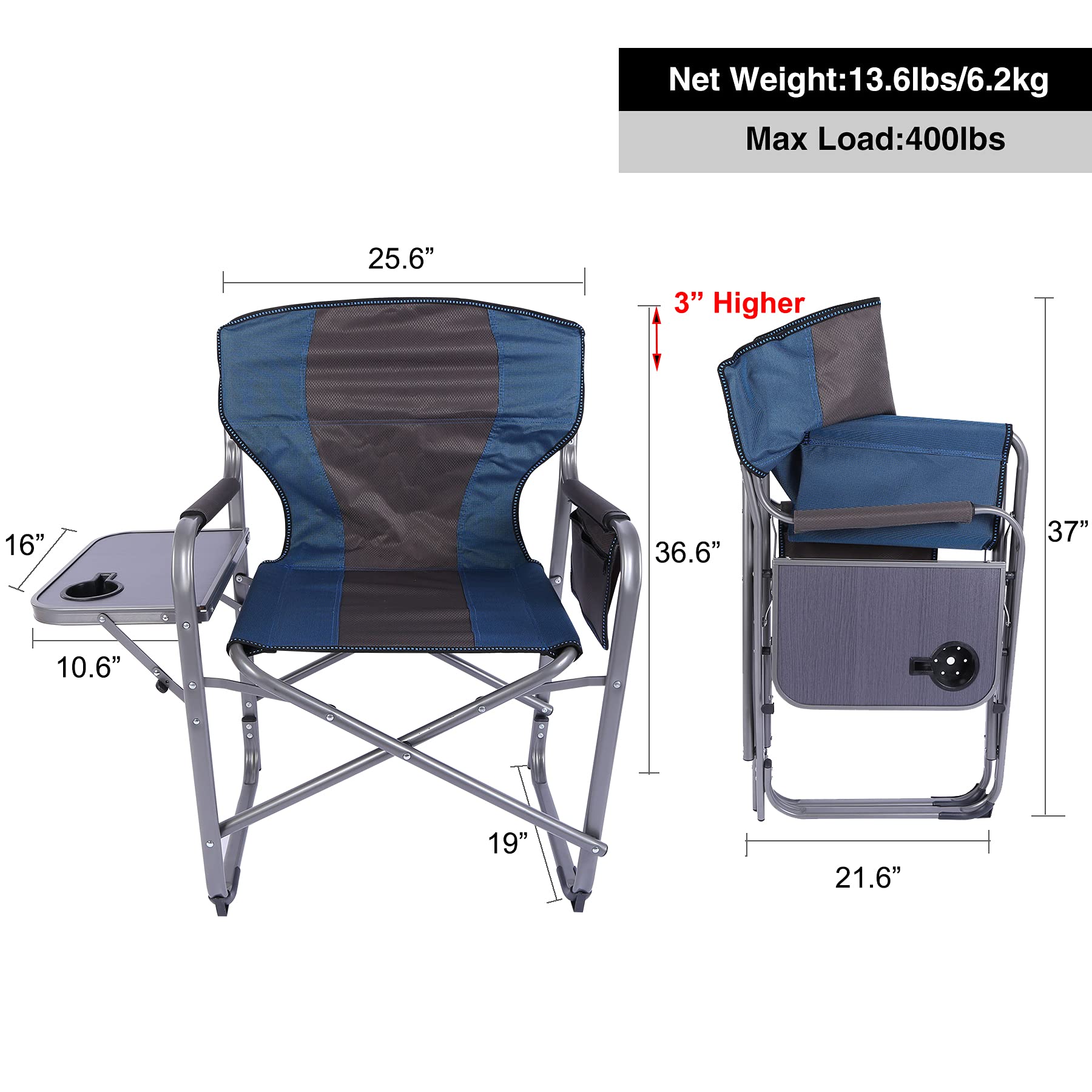 CAMPMAX Oversized Camping Chairs for Adults 2 Pack, Sturdy Heavy Duty Folding Director Chair with Side Table, Portable for Outdoor Outside Sport Lawn, Blue 2 Pack