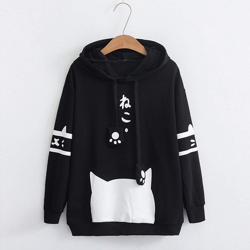 Pullover Hoodies Sweatshirts for Women Long Sleeve Casual Kitty Cat Print Winter Warm Hooded Coat Jacket Outerwear