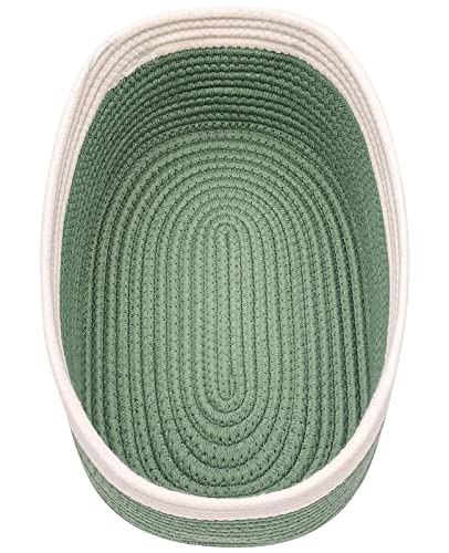 Kriitools Shelf Storage Baskets for Organizing|Cute Basket for Closet&Blanket Storage|Small Woven Baskets to Store Toys,Books,etc.-13x8.66x5.11ββ Cotton Rope,Stylish,Oval 3 Packs Off White&Green