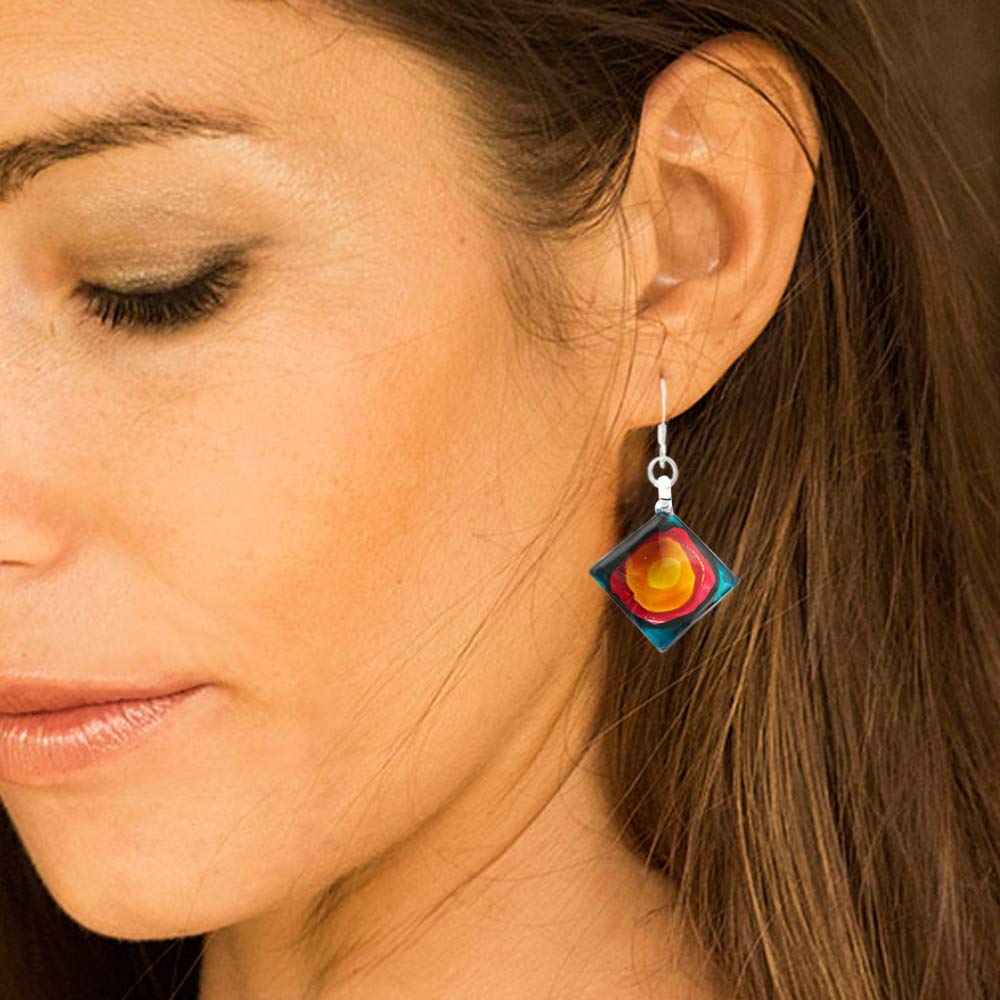 Chuvora Sterling Silver Hand Painted Murano Glass Blue Red Orange Art Square Dangle Earrings for Women