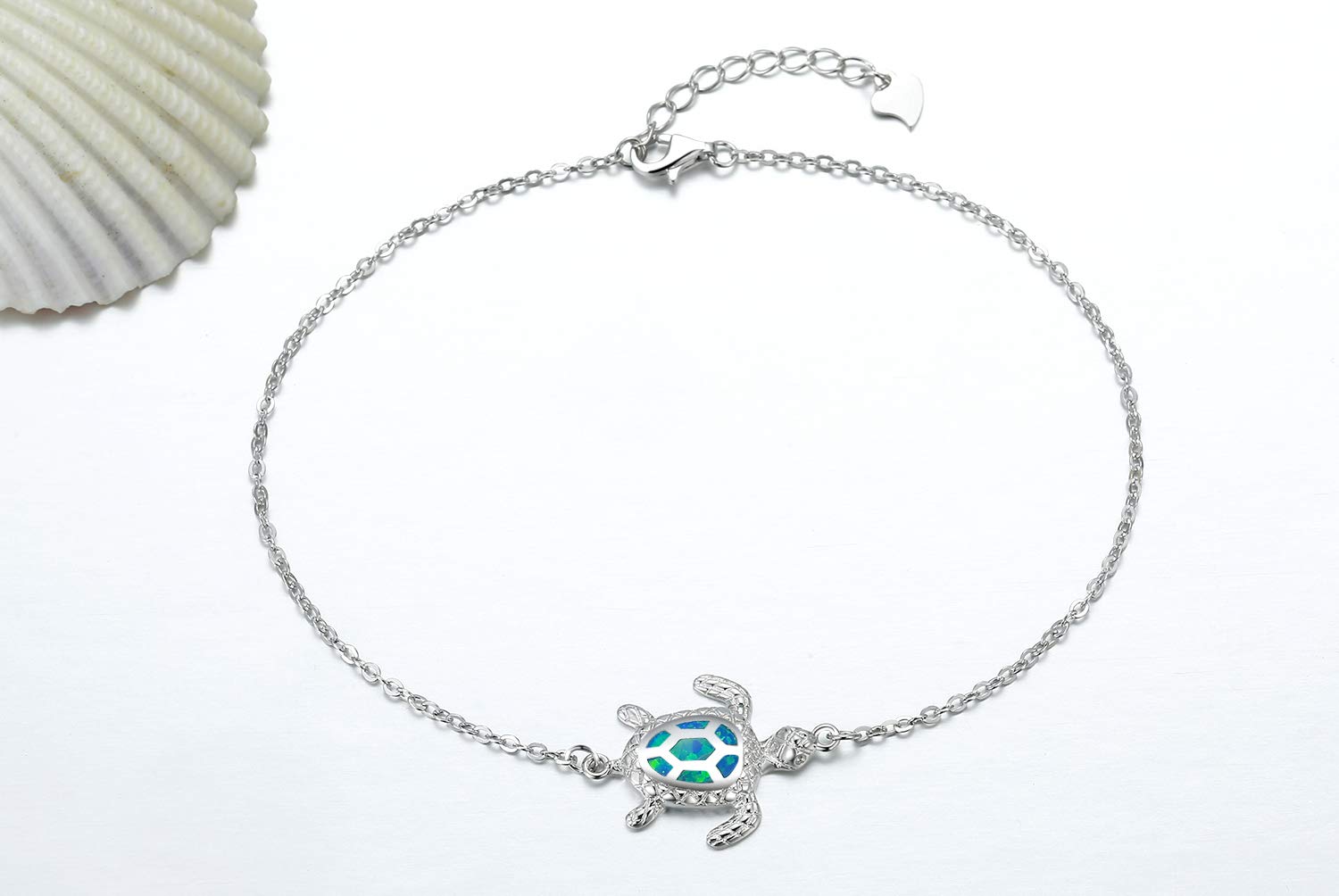 PUPILLEMON Blue Opal Sea Turtle Ankle Bracelet Sterling Silver Anklet Fine Jewelry For Women Gifts (Large Bracelet)