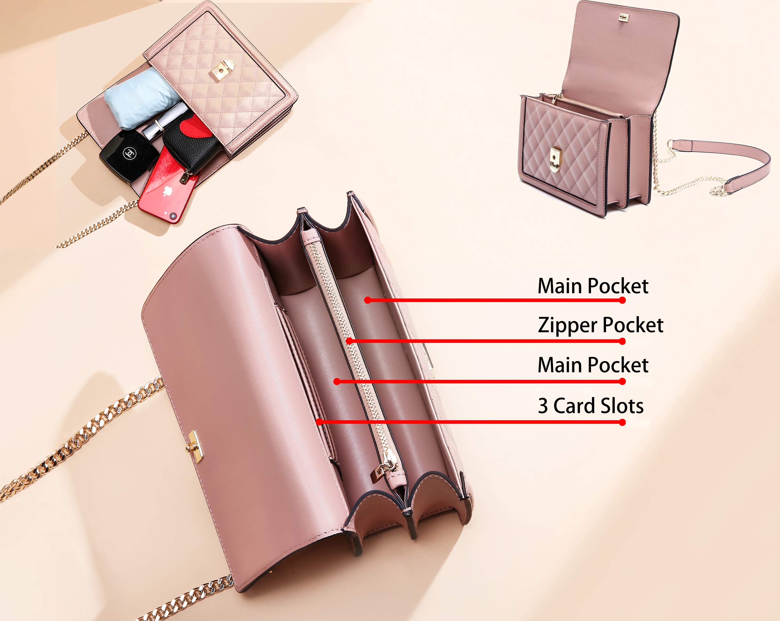 Plergi Small Genuine Leather Crossbody Quilted Handbag with Golden Chain Strap Lightweight Cellphone Purse for Women