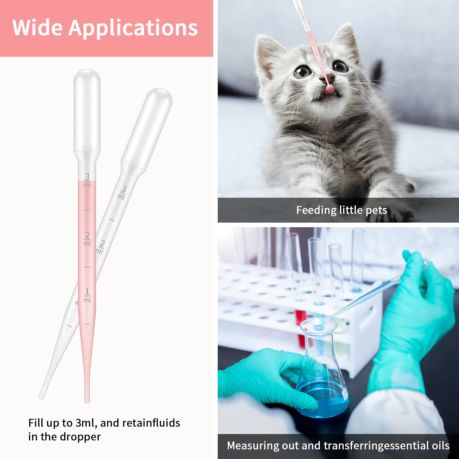 G2PLUS 100PCS 3ml Disposable Plastic Essential Oils Graduated Transfer Pipettes for Science Laboratory, Experiment, Essential Oils, Make up Tool
