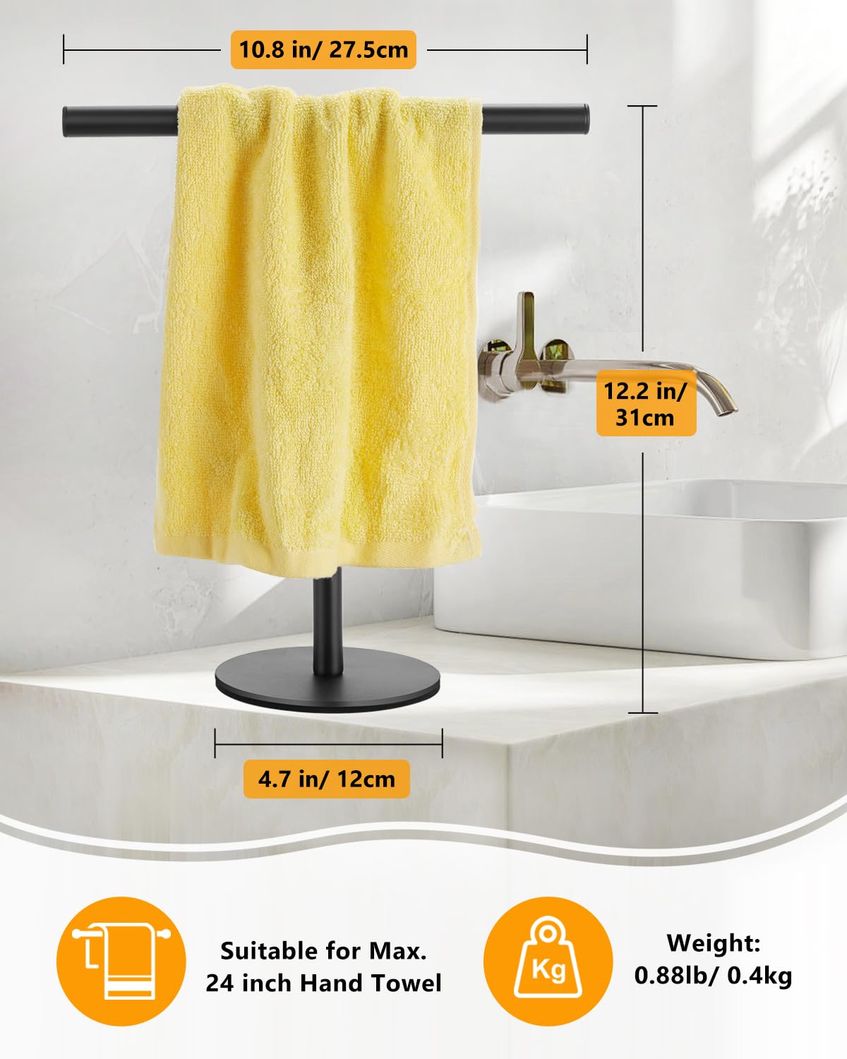 Hand Towel Holder for Bathroom, T-Shape Free Standing Towel Bar Rack Stand, Matte Black Hand Towel Rack for Bathroom Kitchen Vanity Countertop