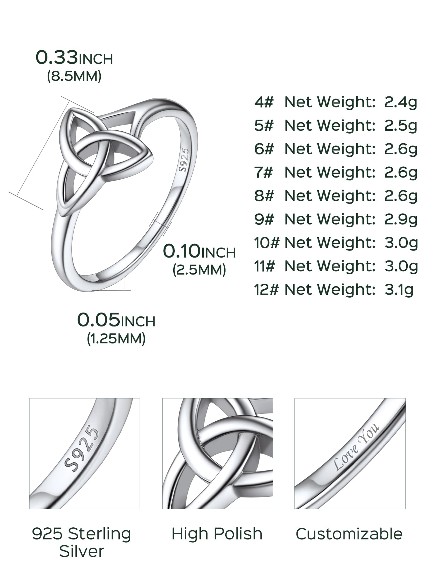 ChicSilver 925 Sterling Silver Ring for Women Triquetra Celtic Knot Promise Ring Simple Classic Irish Eternity Wedding Band Size 7
