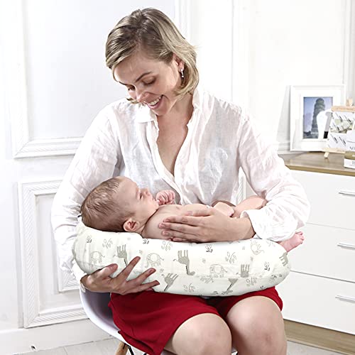 LAT Nursing Pillow and Positioner,Best for Mom Breastfeeding Pillow,100% Cotton Soft Fits Snug On Infant (Giraffe & Elephant)