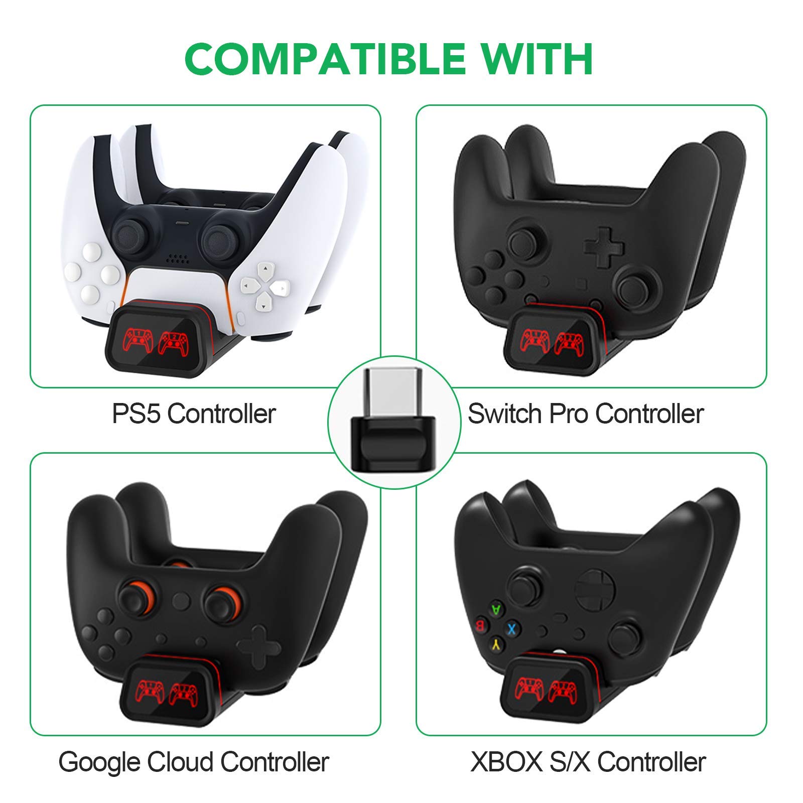 BEJOY Dual Controller Charger for PS5 / Xbox Series S & X/Nintendo Switch/Xbox Elite 2 Controllers, Multifunctional Charging Station for Playstation 5, Dual USB Fast Charging Dock