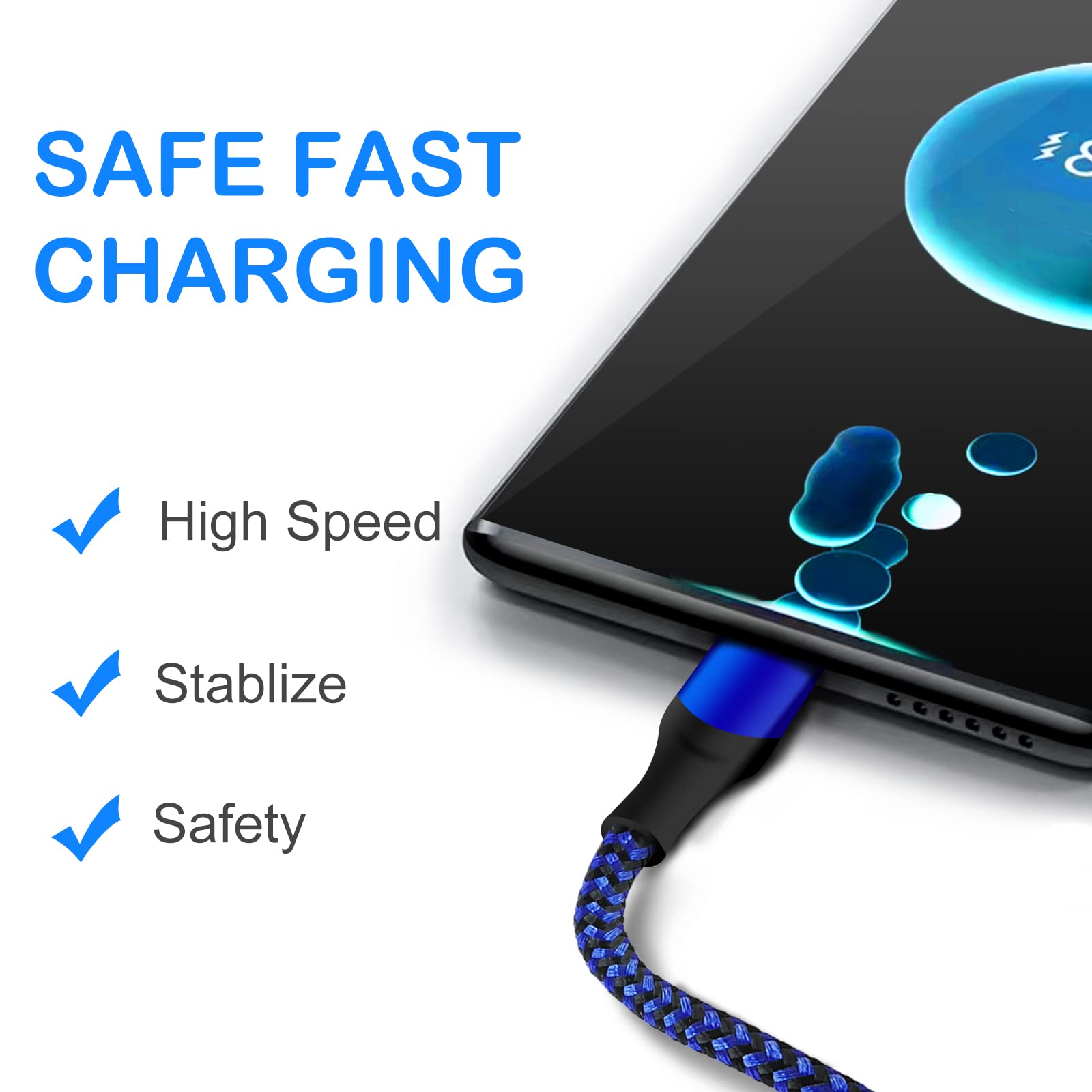 DYUF USB C to USB C Cable, 60W [3PCS 3.2ft 4.9ft 6.5ft] 3A Blue Braided High-Speed USB C Charging Cable, Compatible with Samsung Galaxy S22/S21/S20 Ultra, Note 20/10, etc