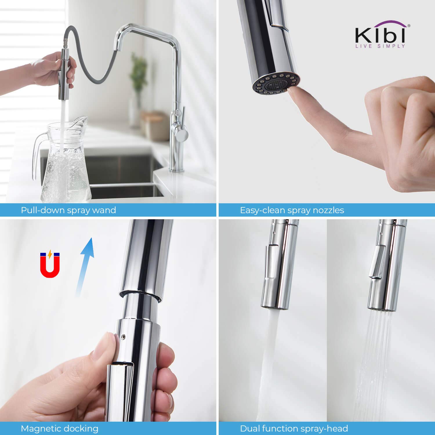 KIBI Macon Single Handle Pull Down Faucet for Kitchen Sink with Soap Dispenser | Solid Brass High Arc Faucet Spout | 360 Degree Swivel Kitchen Faucet with Pull Down Sprayer | Chrome Finish (KKF2007)