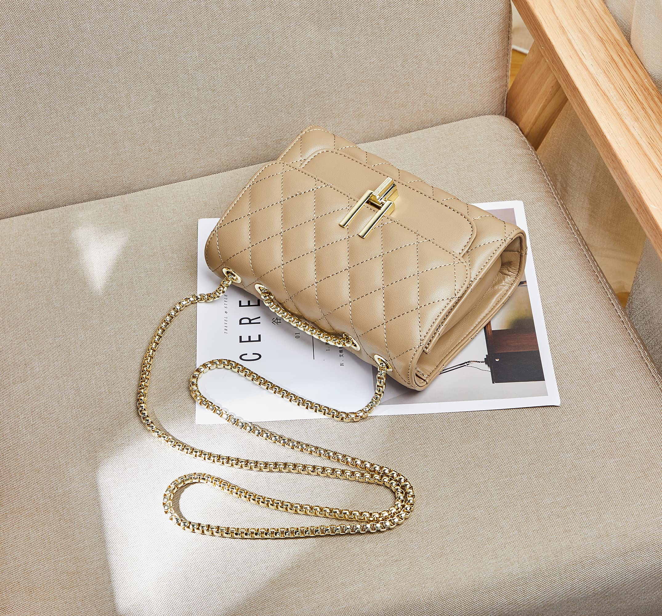 Plergi Small Genuine Leather Crossbody Quilted Flap Handbag with Chain Strap for Women Lightweight Cellphone Bag