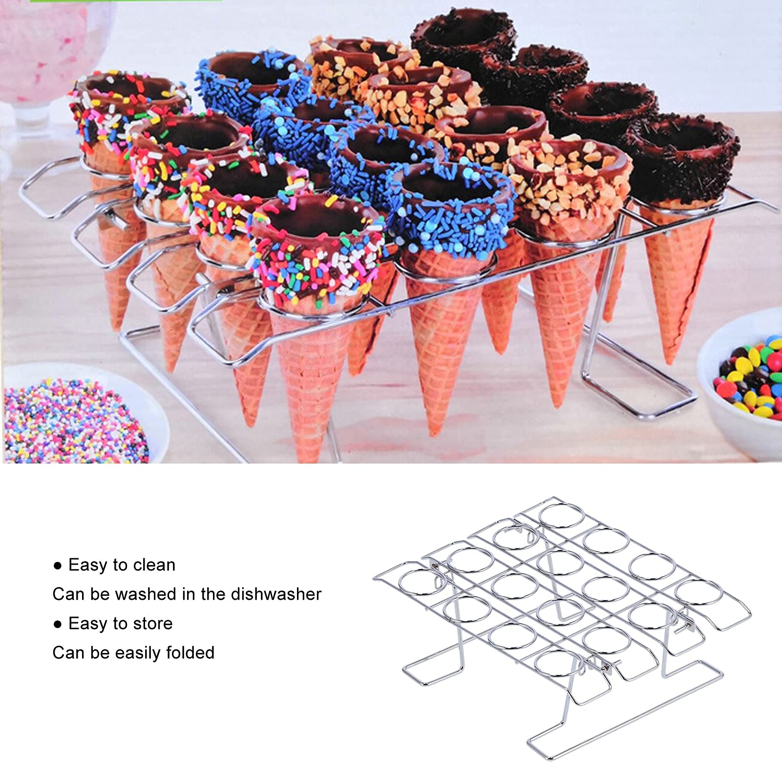 Cupcake Cone Baking Rack, Ice Cream Cone Baking Rack 16 Cavity Stainless Steel Ice Cream Cone Holder Stand Metal Waffle Cones Holder Foldable Cake Decorating Pastry Tray for Baking, Cooling, Display