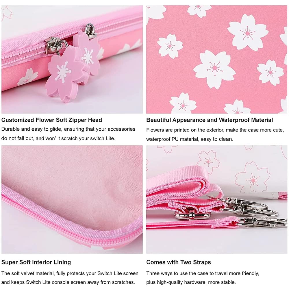 Carrying Case for Nintendo Switch & OLED, Pink Cute Sakura Portable Hard Shell Travel Storage Bag for Switch Game Accessories, With Wrist Strap & Shoulder Strap