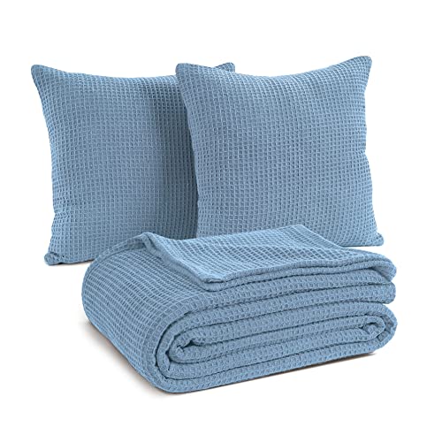 HILLFAIR 100% Cotton Blanket with 2 Throw Pillow Cover 18x18 Inch - 102x108 Inch California King Size Bed Blankets- Soft Breathable Blanketsā Extra Large Oversized Cotton Blankets- Blue Bed Blankets