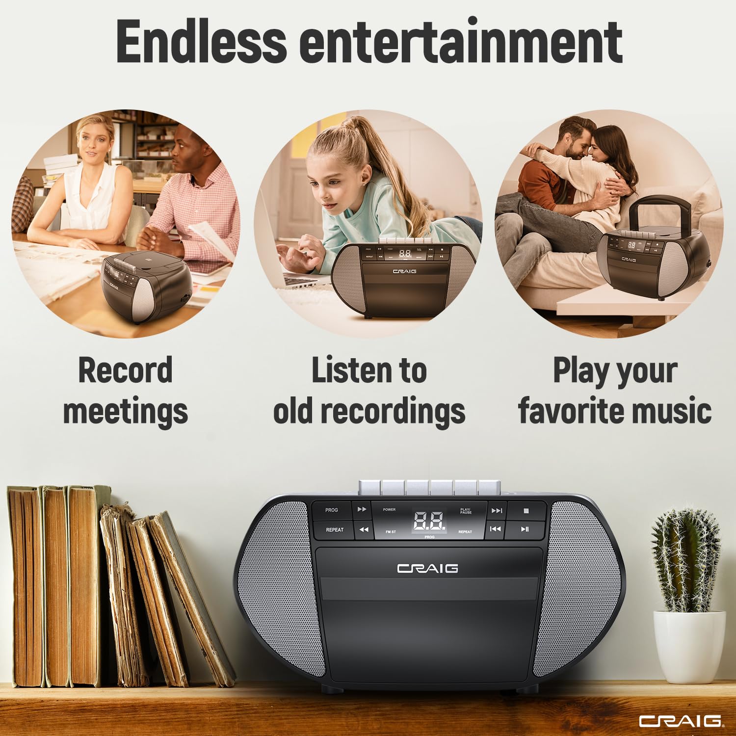 Craig Portable Top-Loading CD Boombox with AM/FM Stereo Radio and Cassette Player/Recorder in Black | Cassette Player/Recorder | LED Display (Black/Gray)