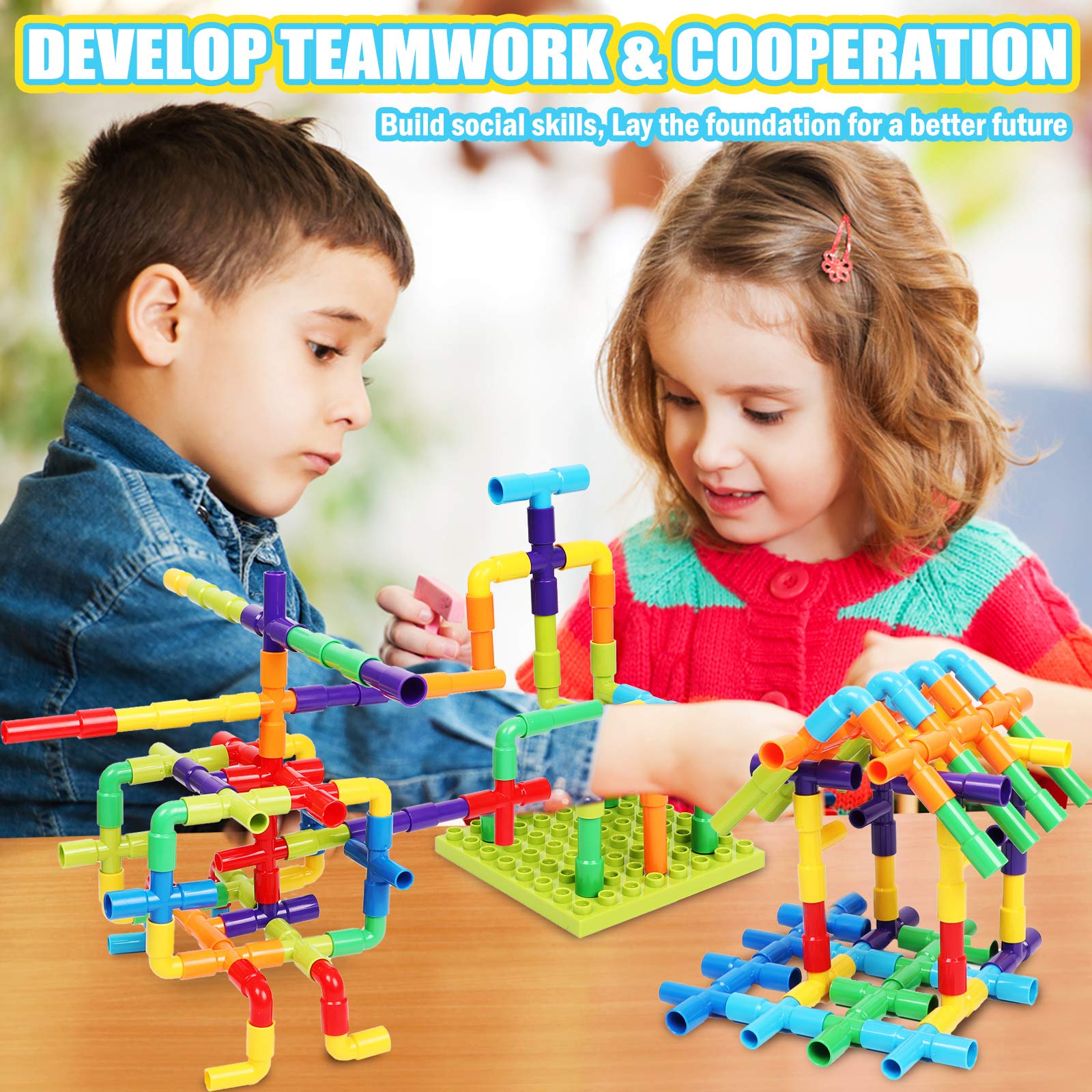 STEM Toy Pipe Tube Building Set for Kids, 175 Pcs Tube Locks Construction Building Blocks Set with Storage Container Box, Pipe Building Toys for Boys Girls Age 3+, Multicolor Educational Toy Gift
