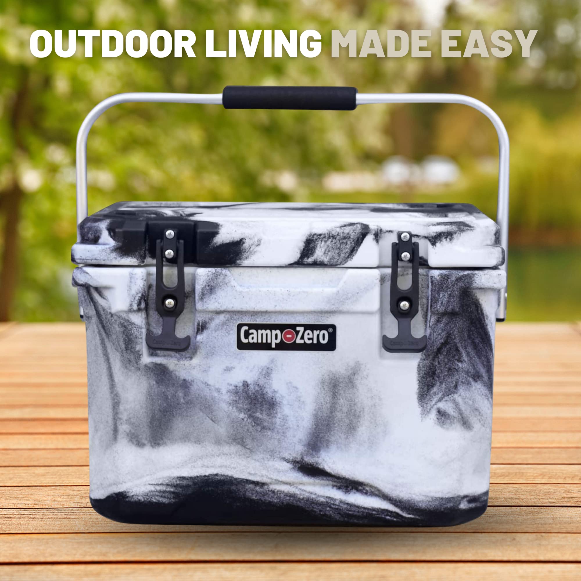 CAMP-ZERO 20L | 21.13 Quart Premium Cooler with 4 Molded-in Cup Holders & Folding Aluminum Handle | Thick Walled, Freezer Grade Cooler w/Secure Locking System & Tie Down Channels (Black Swirl)
