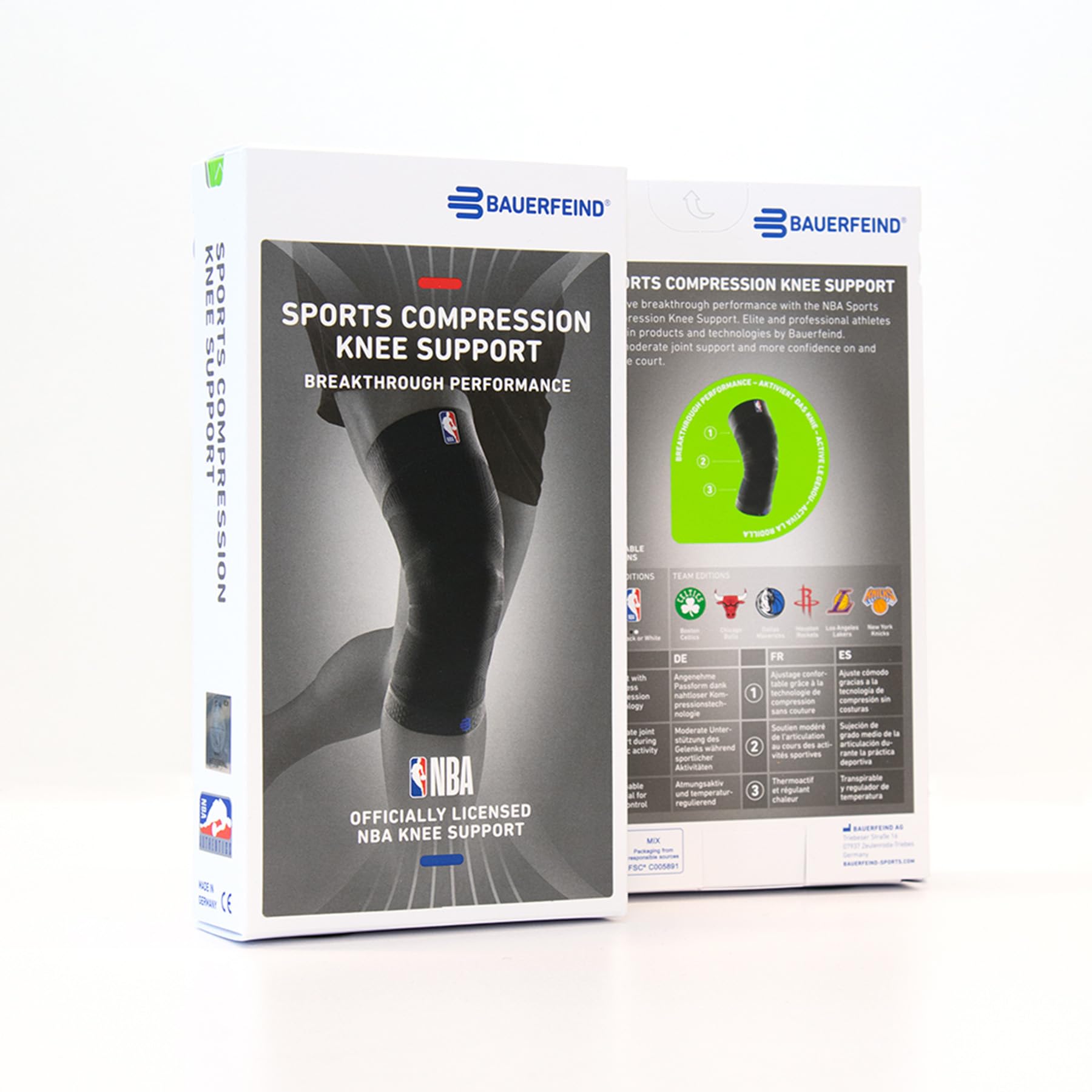 Bauerfeind Sports Compression Knee Support NBA - Lightweight Design with Gripping Zones for Basketball Knee Pain Relief & Performance with Team Designs (Black, L)