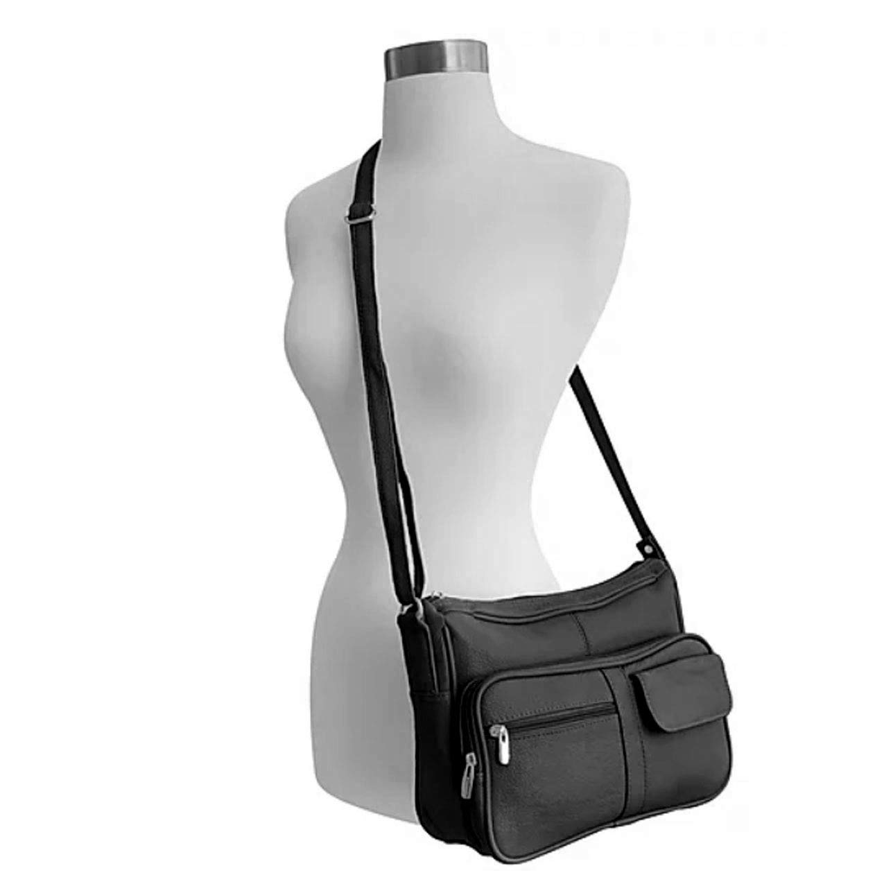 SILVERFEVER Medium Leather Handbag | Ladies Shoulder Bag | Organizer w Built in Wallet (black cowhide)