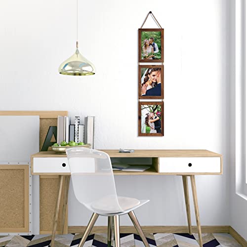Lavezee 5x7 Collage Triple Picture Frames Set, Walnut Brown 6 Opening Hanging Vertical Frame Made to Display 5 by 7 Inch Photo Print for Wall Decor