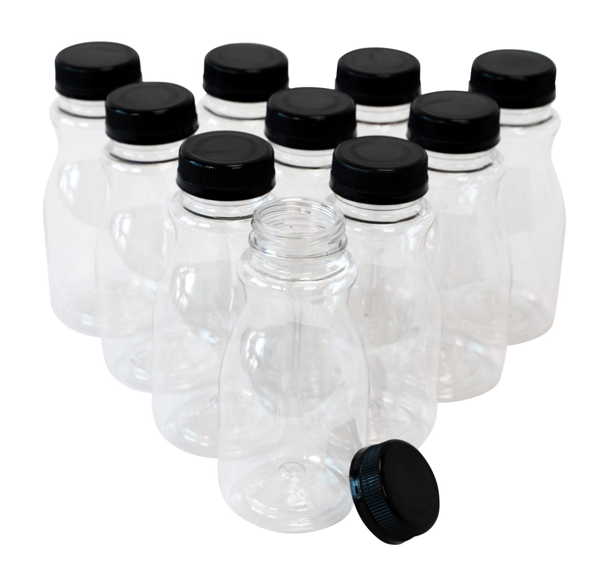 CSBD 8oz Plastic Juice Bottles with Tamper Evident Lids, 10 Pack, Food Grade Safe PET with No BPA, Apple, Kombucha, Tea, Cold Brew or Milk Bulk Containers, Reusable