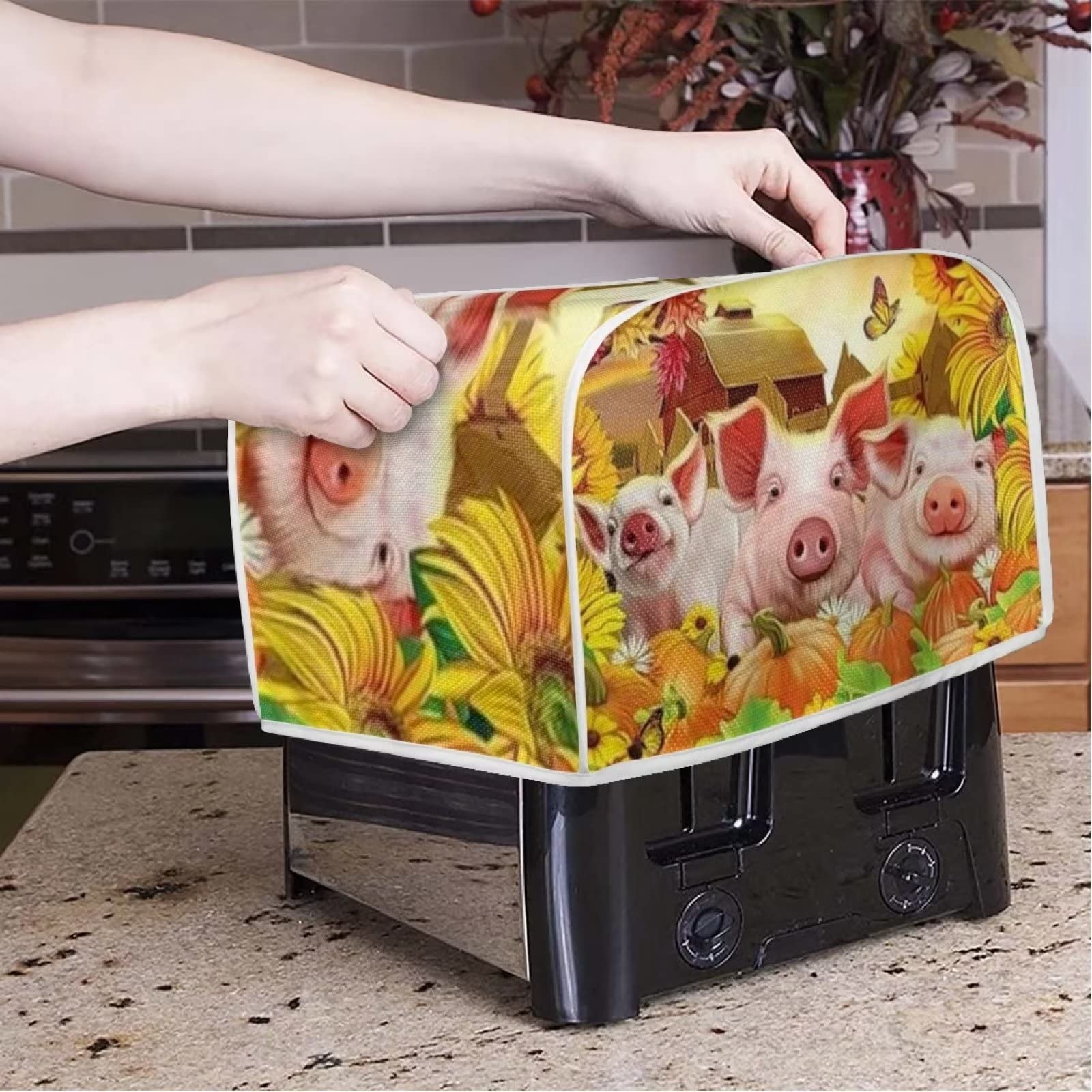 Baxinh Sunflower Pig Toaster Cover Small Appliance Cover for Kitchen Office, 2 Slice Stain Resistant Toaster Covers,Dustproof Toaster Machine Cover, Yellow