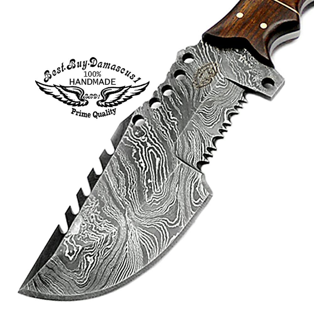 Best.Buy.Damascus1 Rose Wood 9.5'' Fixed Blade Custom Handmade Damascus Steel Tracker Hunting Knife Brass Pins Spacers Unique Beautiful File Work On Handel Come With Leather Sheath Prime Quality