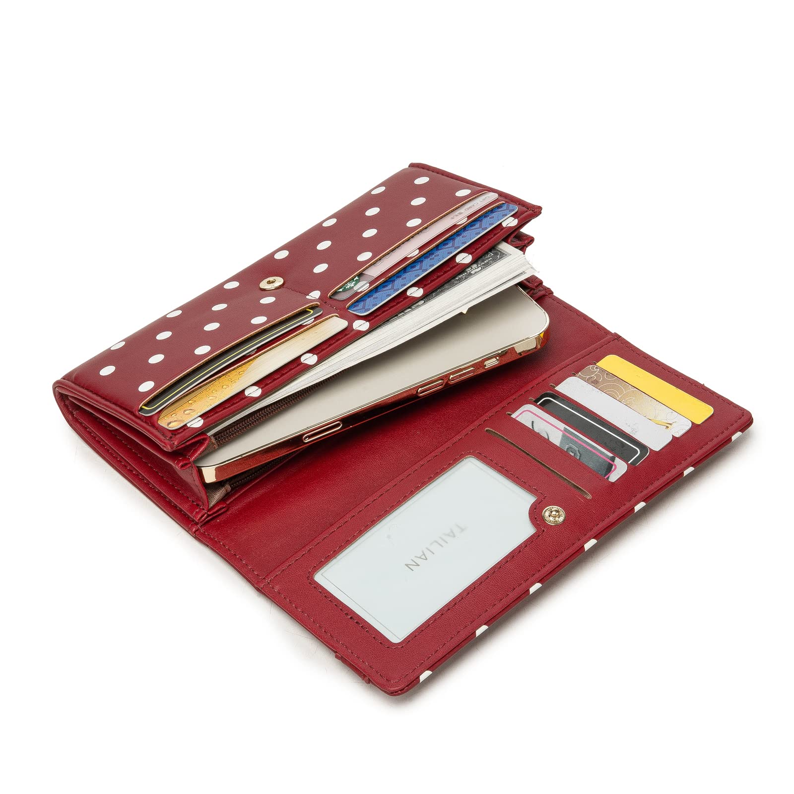 ROYALFAIR Polka Dot Wallet for Women, PU Leather Lady Purse with Cute Bowtie Card Holder Money Manager with ID Window (White Dots in Red)