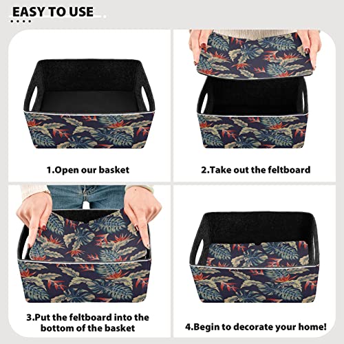 Jungle Night Leaves Storage Basket Felt Storage Bin Collapsible Felt Storage Cloth Baskets Containers Organizer for Kids Bedroom Magazine