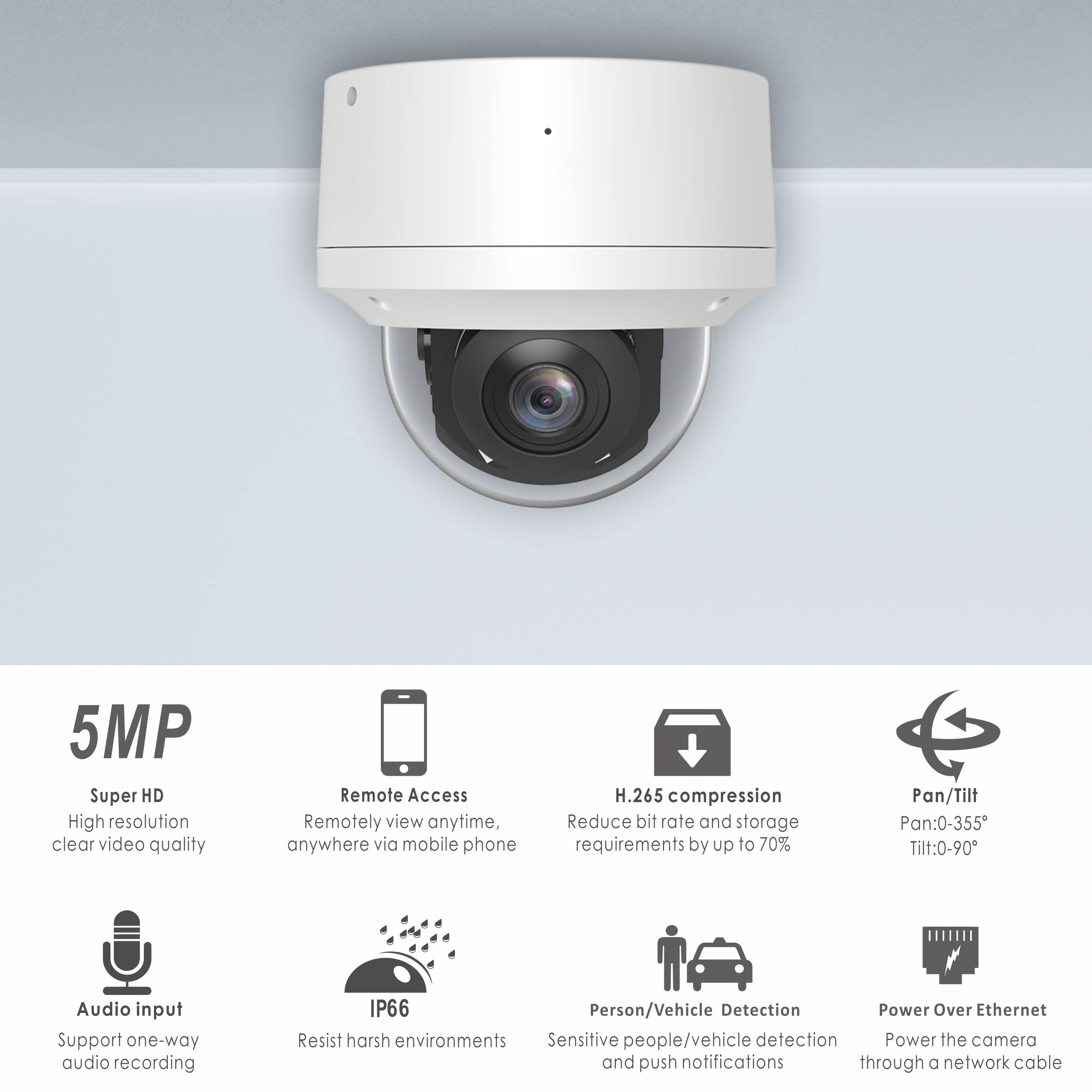 Inwerang 5MP 2.5'' PoE PTZ IP Camera with Mic/Audio, IP Dome Security Camera Outdoor, Waterproof IP66, 2.8mm Lens, 60ft IR Night Vision, Pan 0~355° Tilt 0~90°